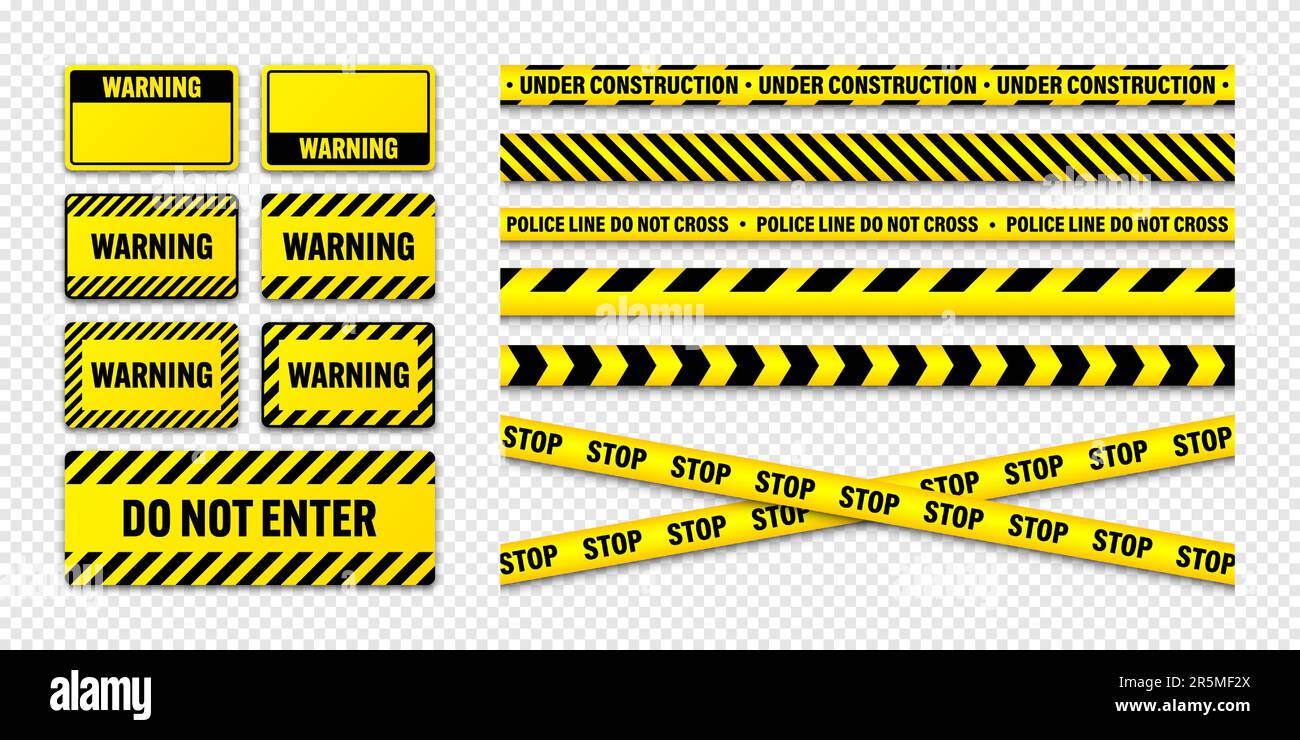 Various barricade construction tapes and warning shields. Yellow police ...