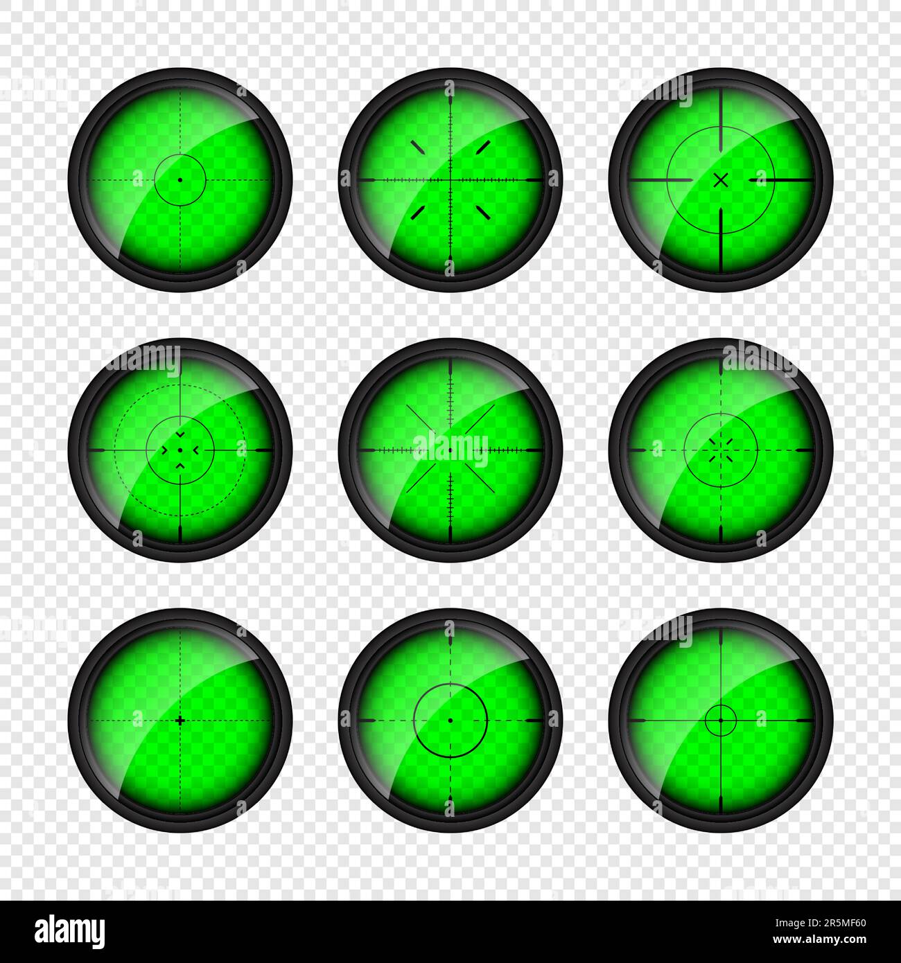 Various weapon night sights, sniper rifle optical scopes. Hunting gun ...