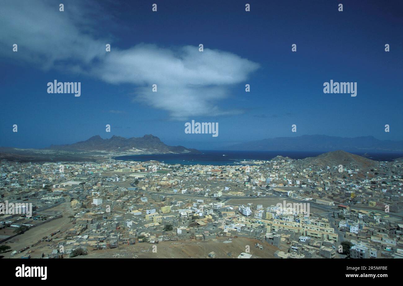 the view of the City Mindelo on the Island of Sao Pedro on the Cape ...
