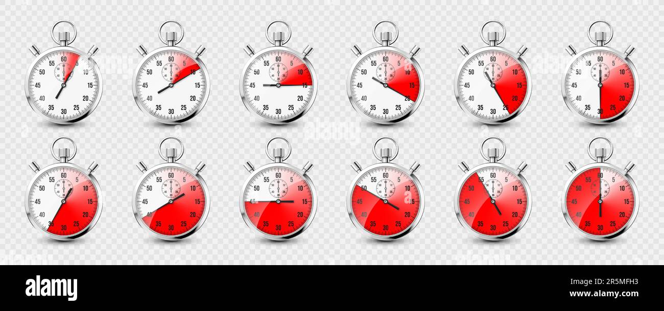 Realistic classic stopwatch icons. Shiny metal chronometer, time ...