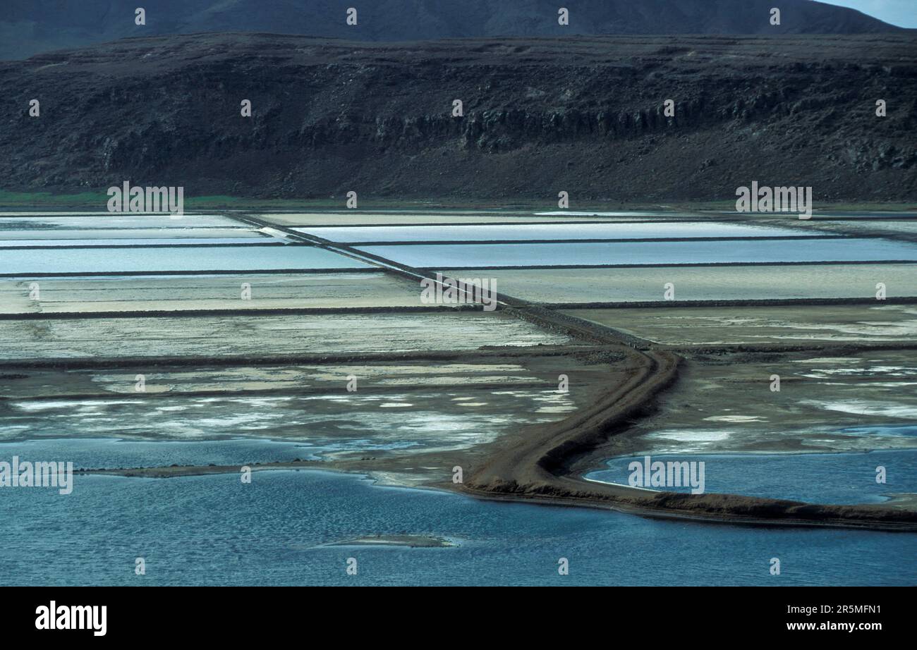 the salt mines Crater at the town of Pedra de Lume on the Island of Sal ...