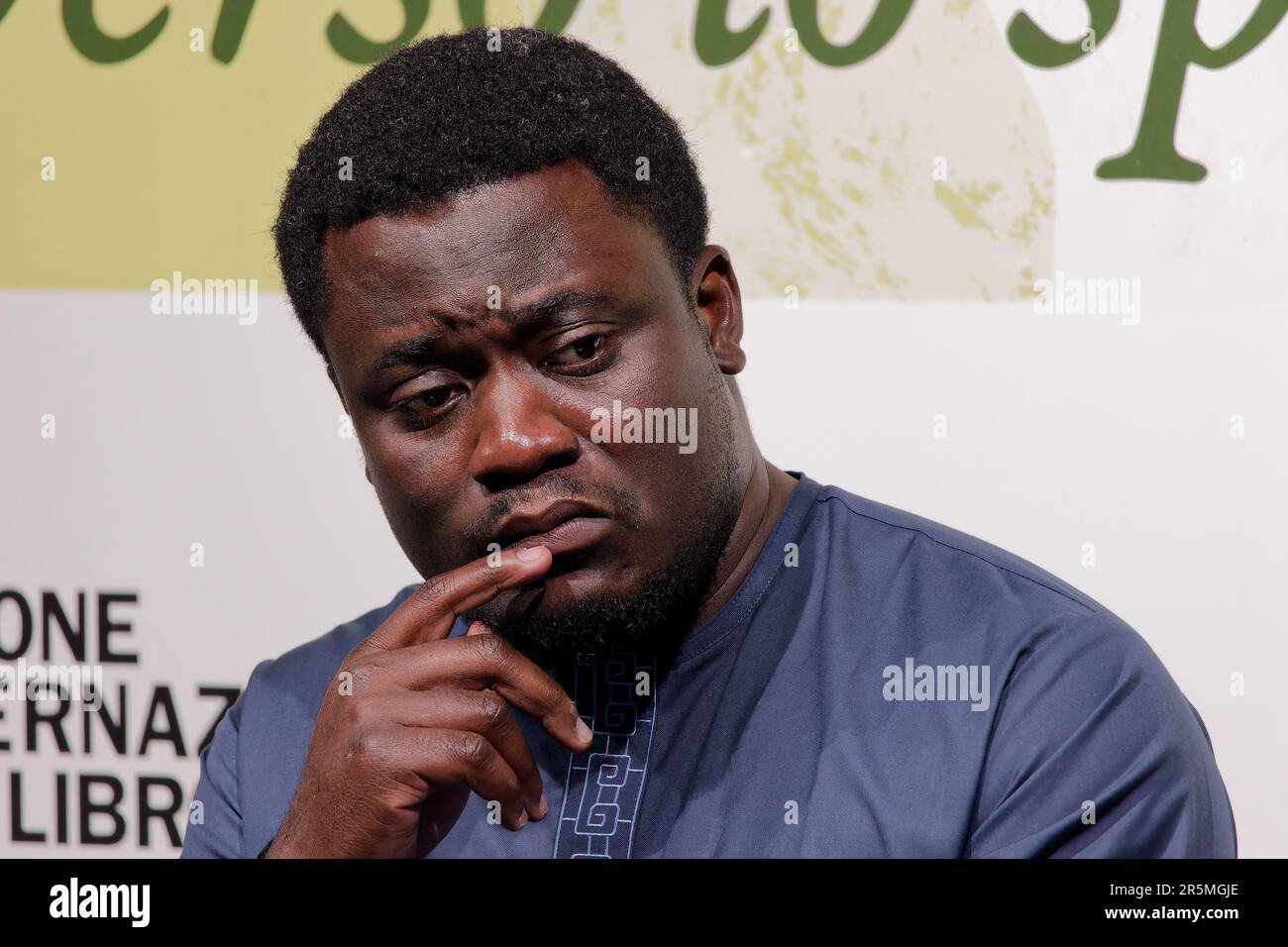 Nigerian philosopher Bayo Akomolafe speaks at the 2023 edition of the Turin International Book ...