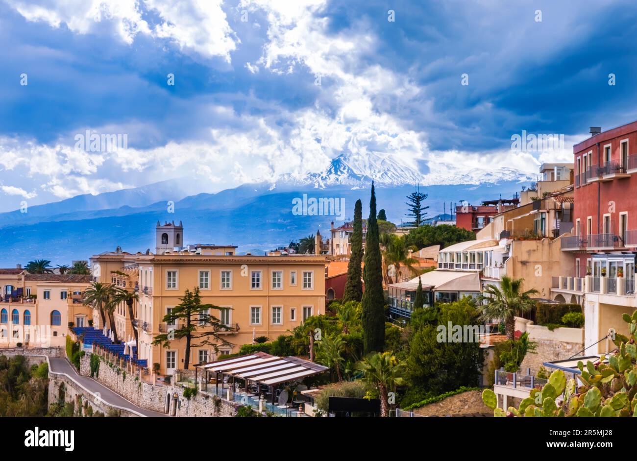 Taormina, Sicily, Italy. Panoramic view over Taormina town on hilltop ...