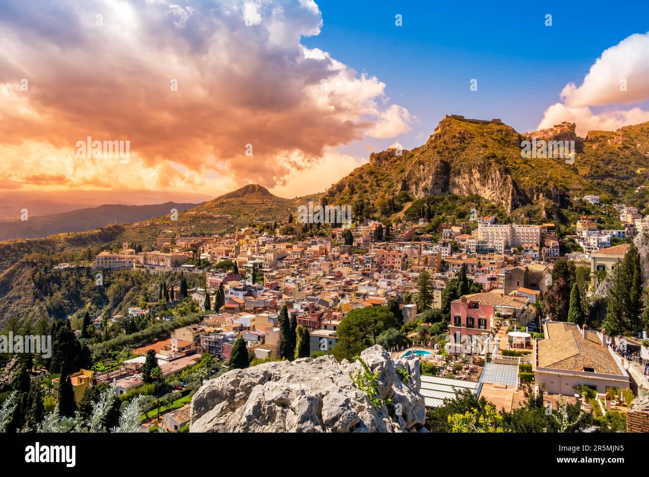 Taormina, Sicily, Italy. Panoramic view over Taormina old town and ...