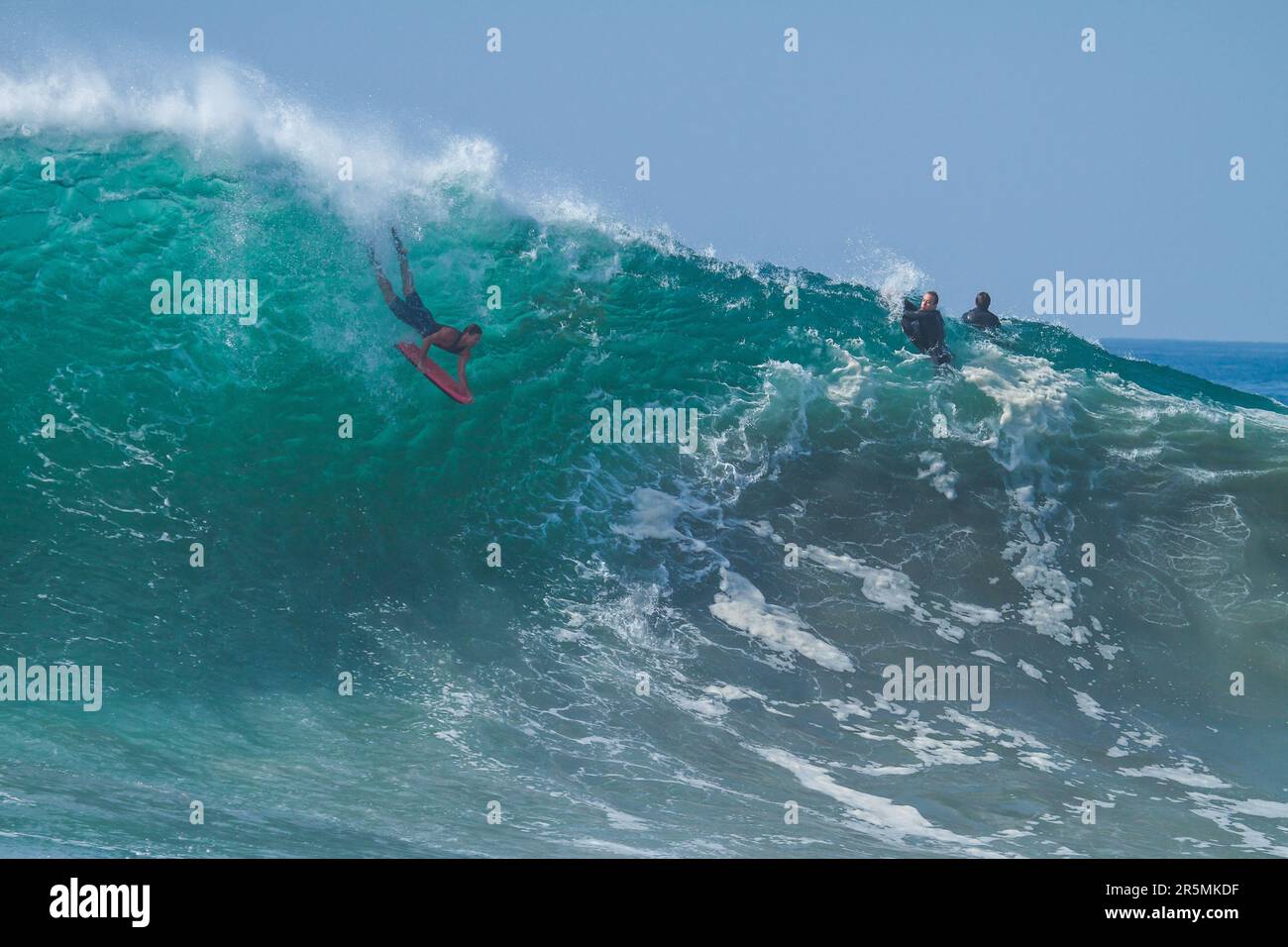 Bodyboarder boogie boarding dropping in on a huge wave at the Wedge ...