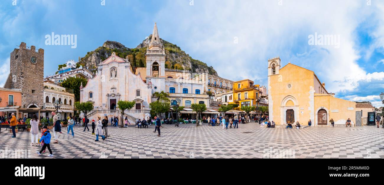 Taormina, Sicily, Italy - Apr 05, 2023: tourists walking on main square ...