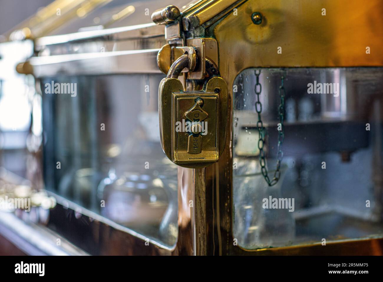 Close up of lock from spirit safe at Bruichladdich Distillery on island ...
