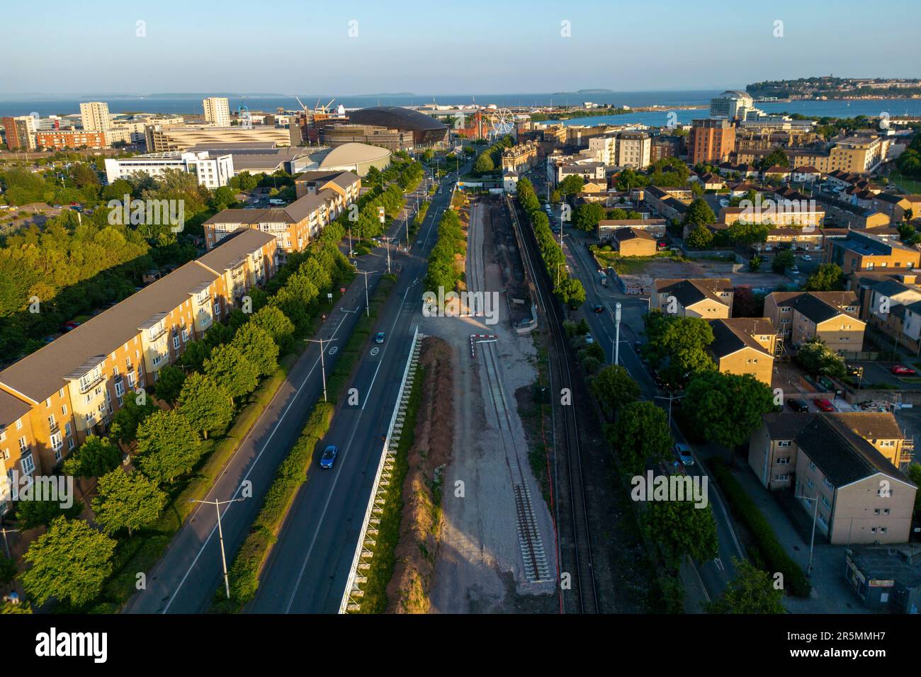 CARDIFF, WALES - MAY 31: An aerial view of the new railway line which ...
