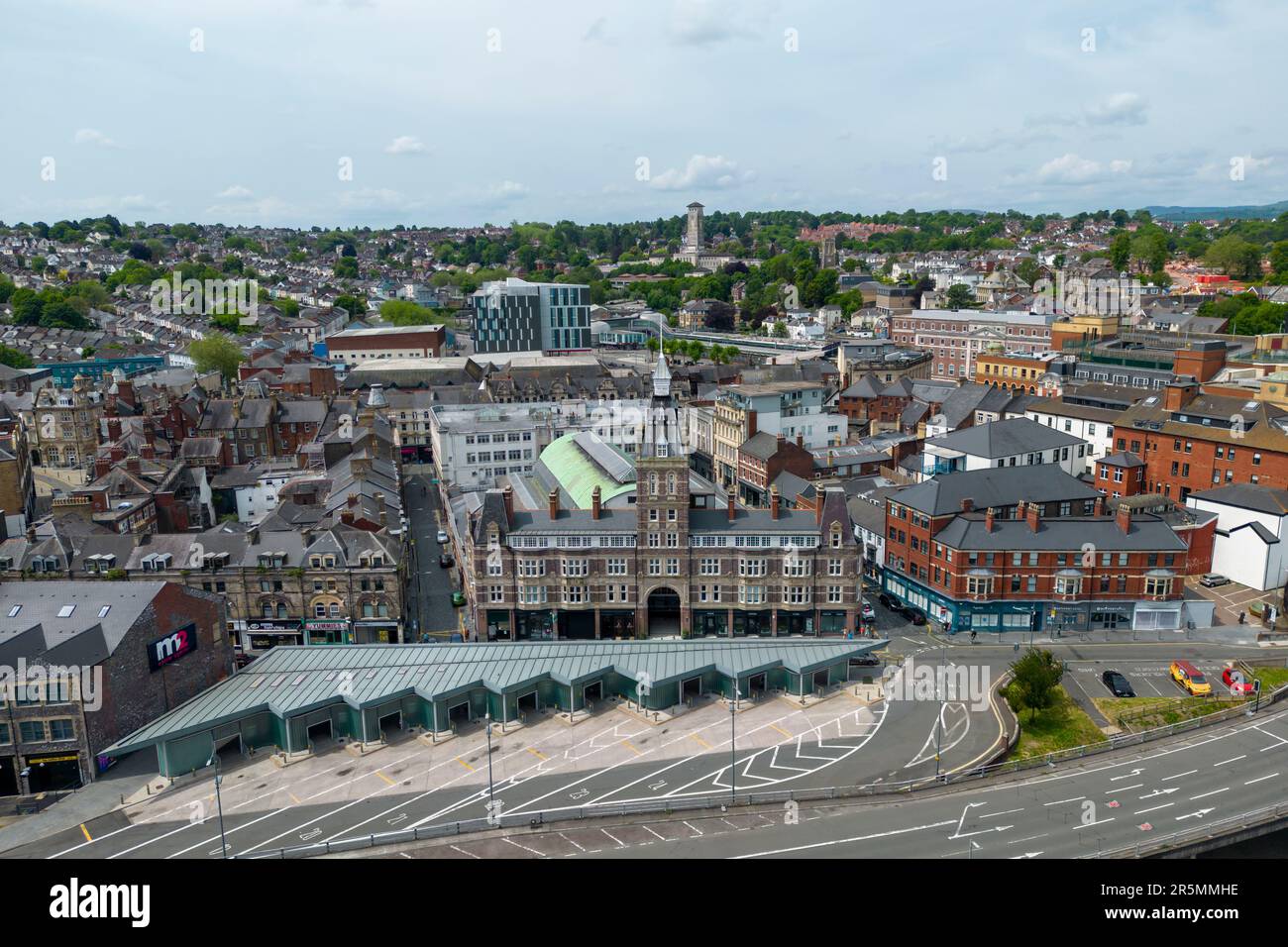 Aerial view of Newport, South Wales, showing Newport Market and bus ...