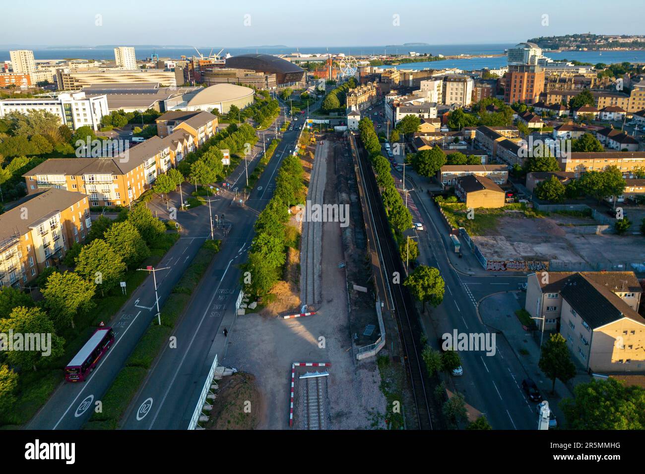 CARDIFF, WALES - MAY 31: An aerial view of the new railway line which ...
