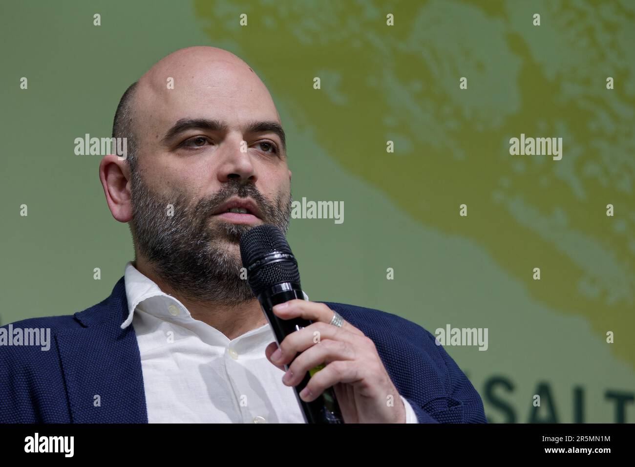 Italian author Roberto Saviano speaks at the 2023 edition of the Turin ...
