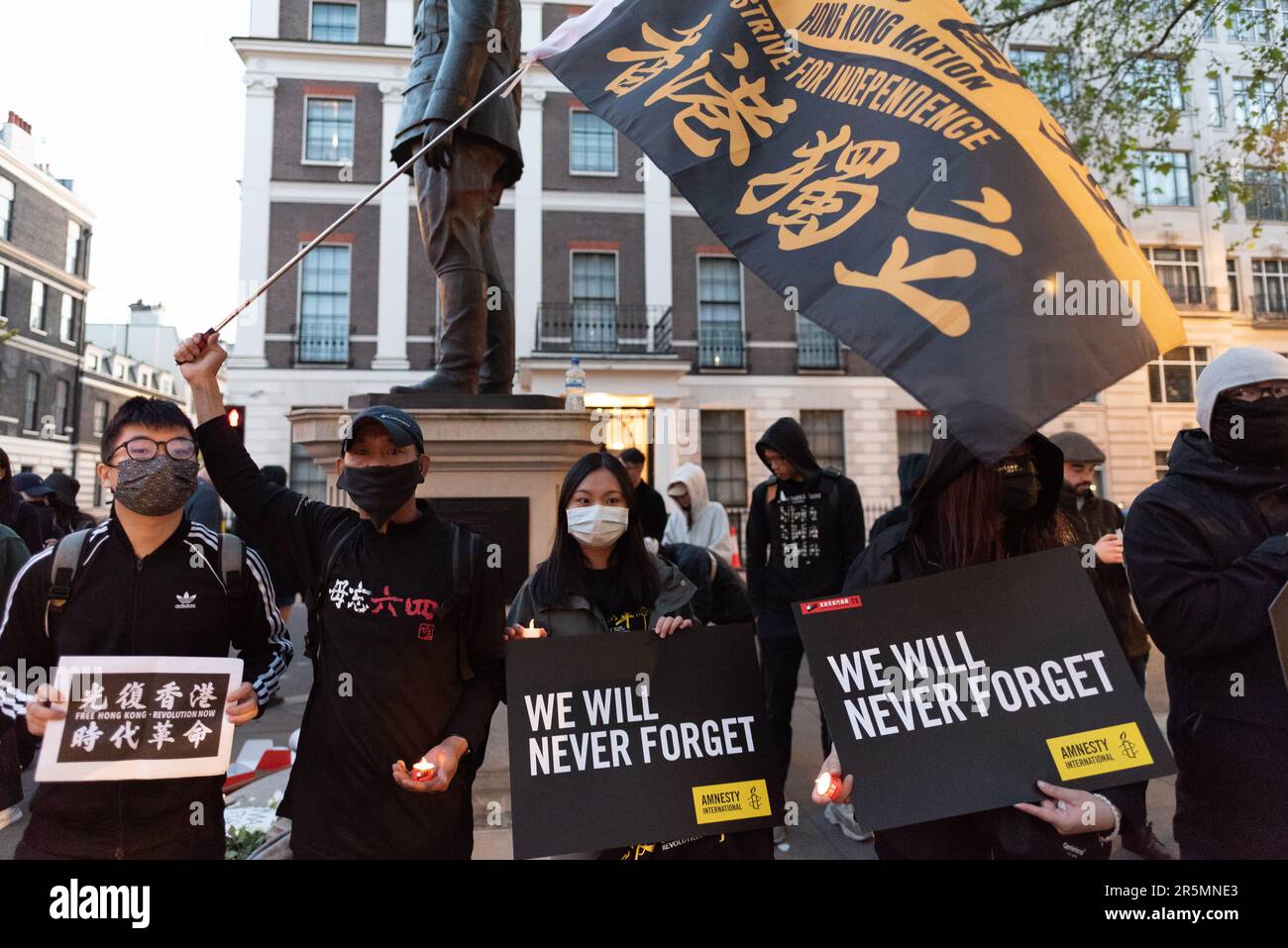 London, UK. 4 June, 2023. Chinese diaspora gather outside the Embassy ...