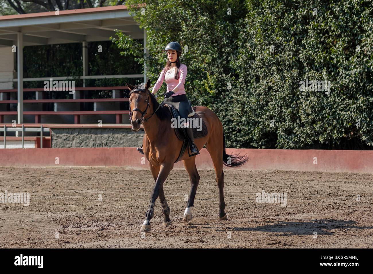 Young mexican woman riding a horse in the arena of an equestrian center ...