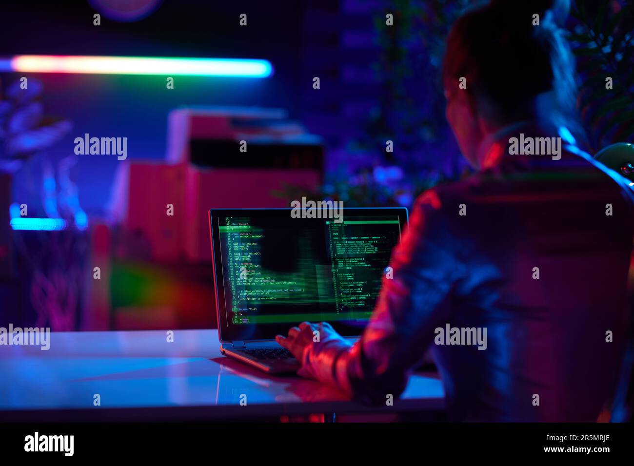 Seen from behind modern woman with laptop decentralized finance coding ...