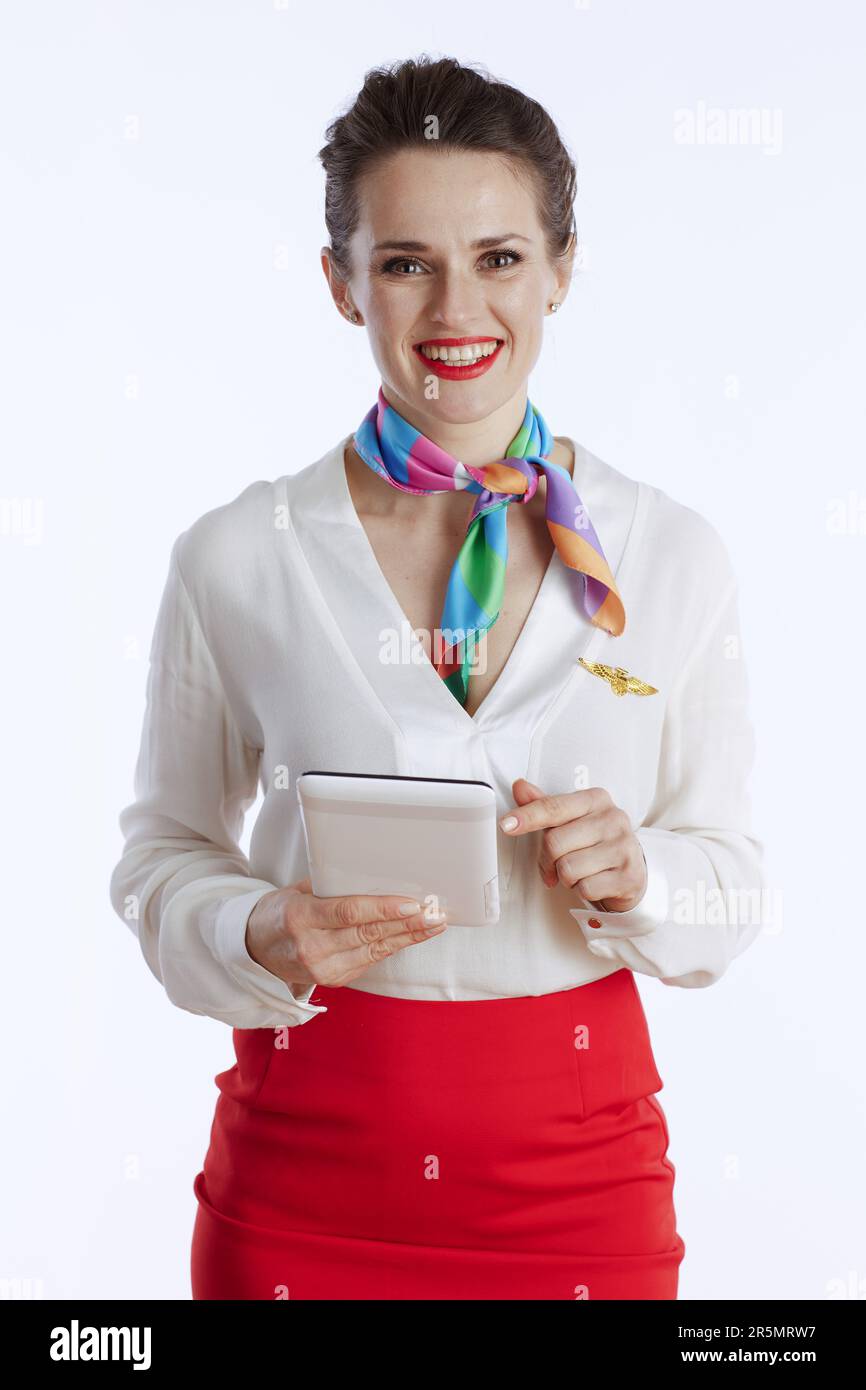 smiling modern female stewardess isolated on white background in ...