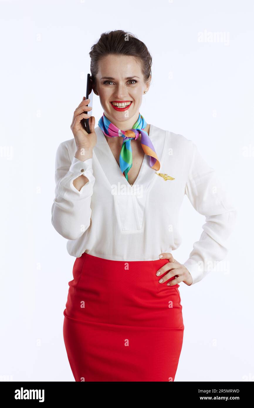 happy elegant air hostess woman against white background in uniform ...