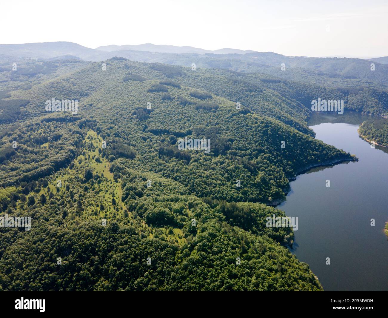 Aerial spring view of Topolnitsa Reservoir, Sredna Gora Mountain ...