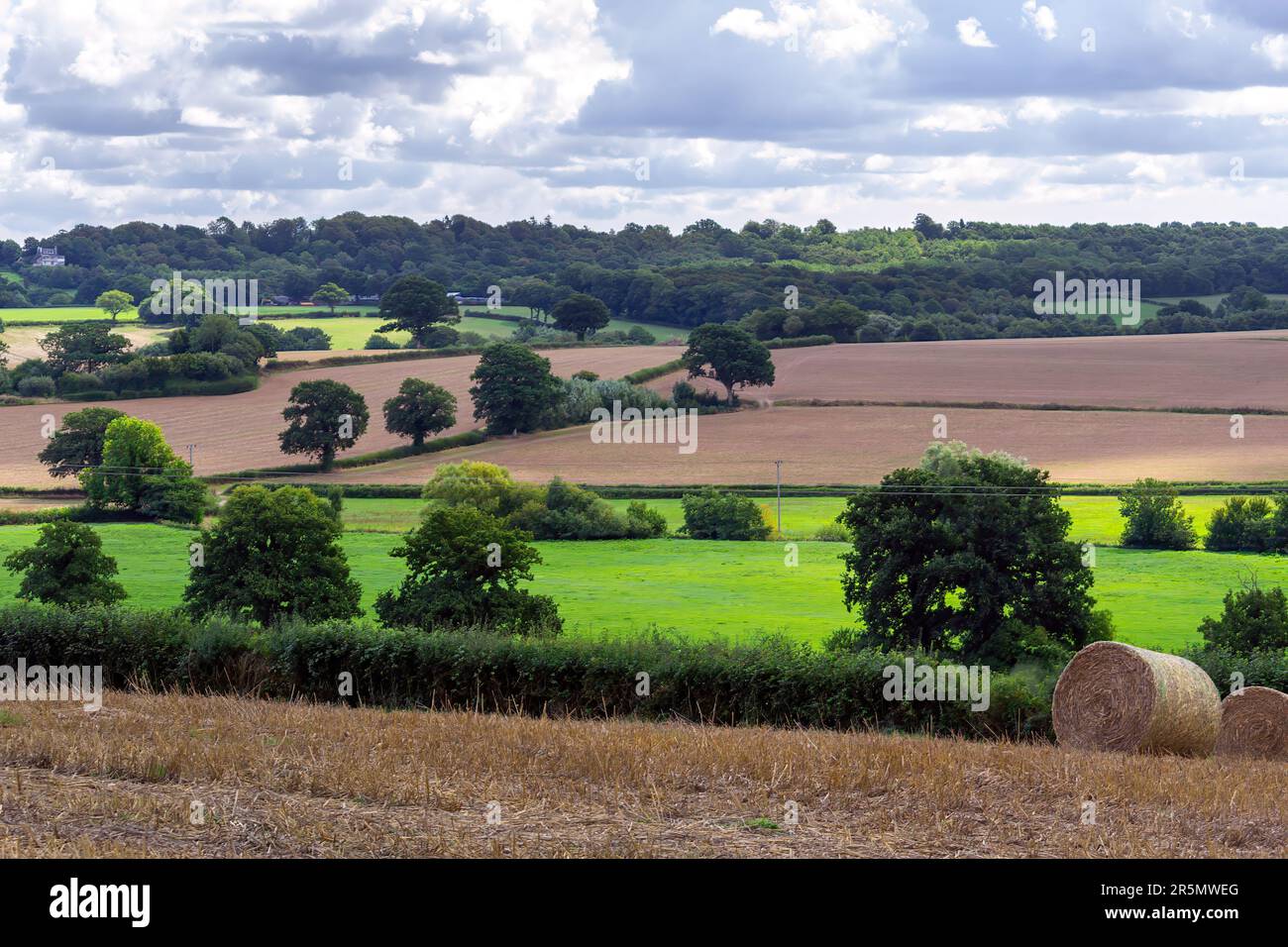 Straw bales and fields in the countryside around Mayfield on a cloudy ...