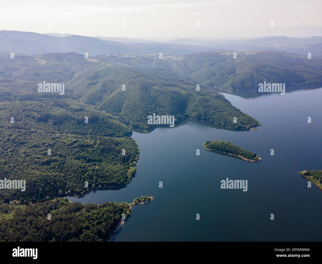 Aerial spring view of Topolnitsa Reservoir, Sredna Gora Mountain ...