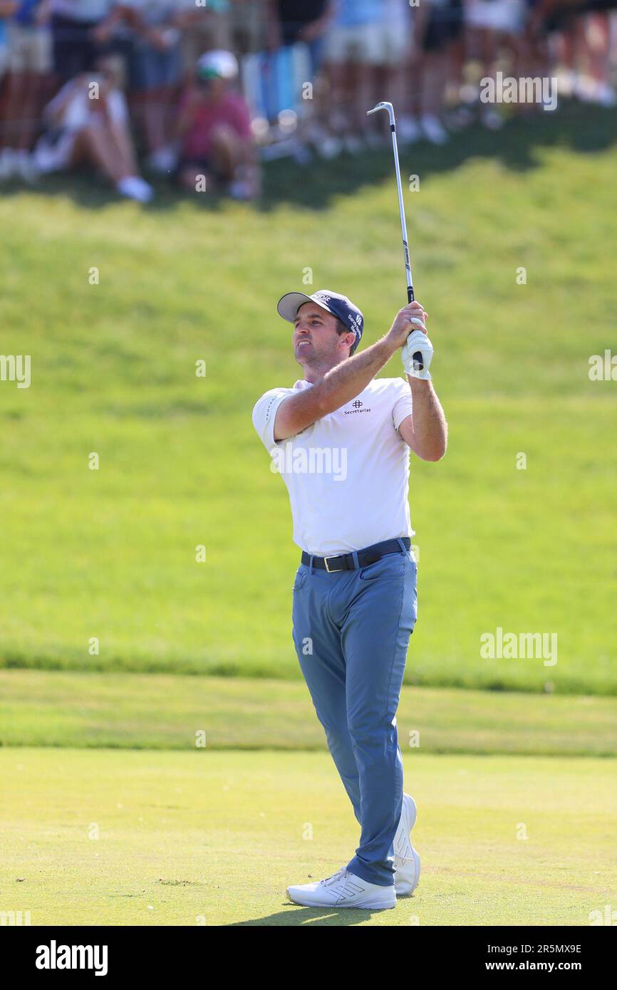 DUBLIN, OH - JUNE 04: Denny McCarthy hits an approach shot on the 18th ...