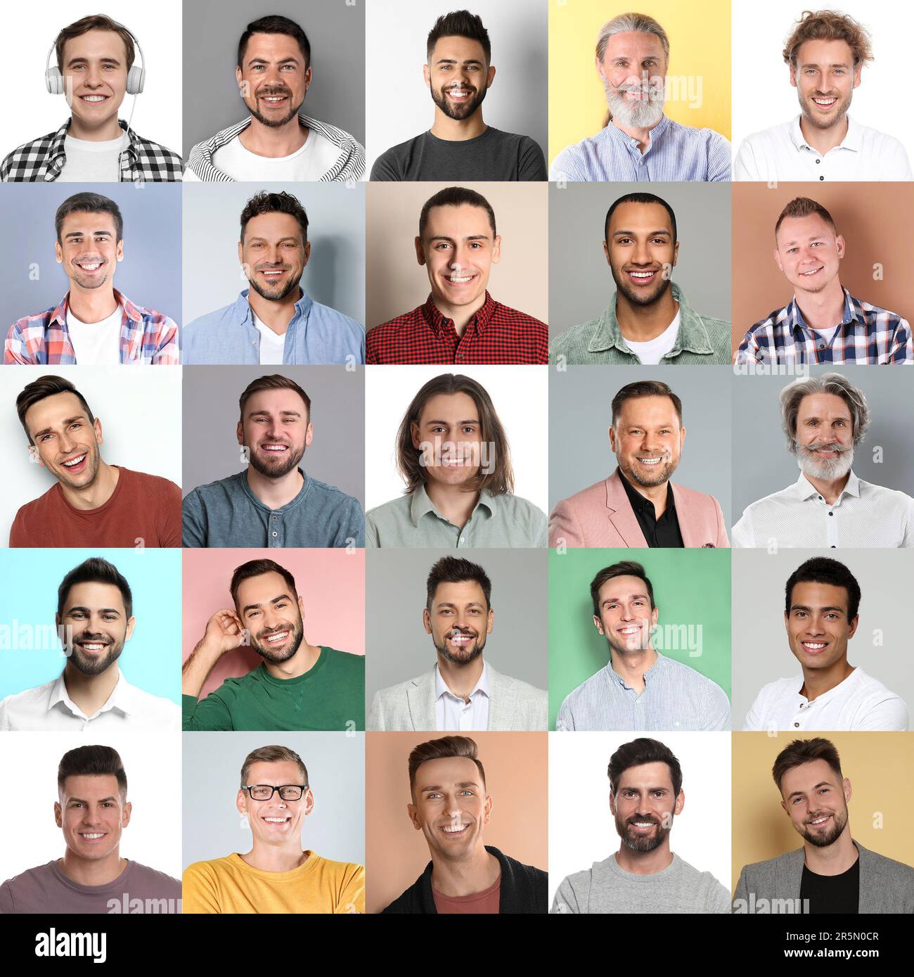 Collage with portraits of happy men on different color backgrounds ...
