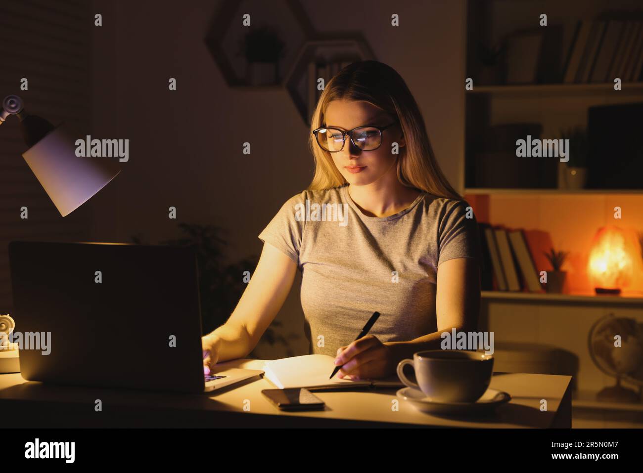 Home workplace. Woman with pen and notebook working on laptop at white ...