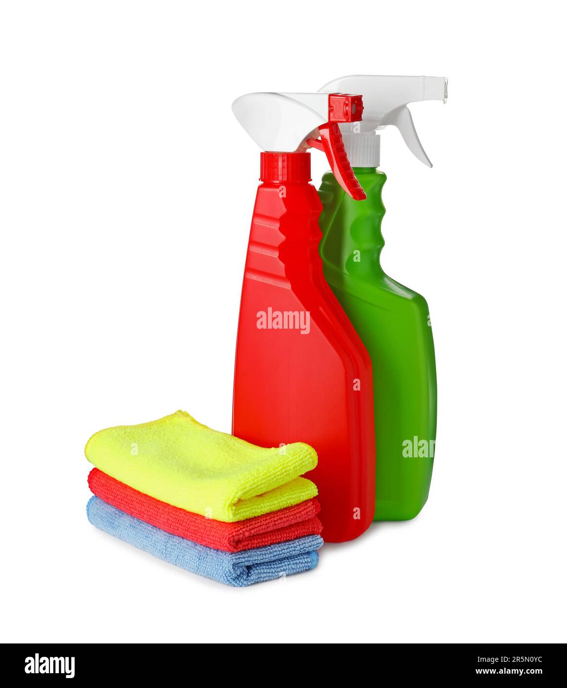 Spray bottles and stack of car wash cloths on white background Stock ...