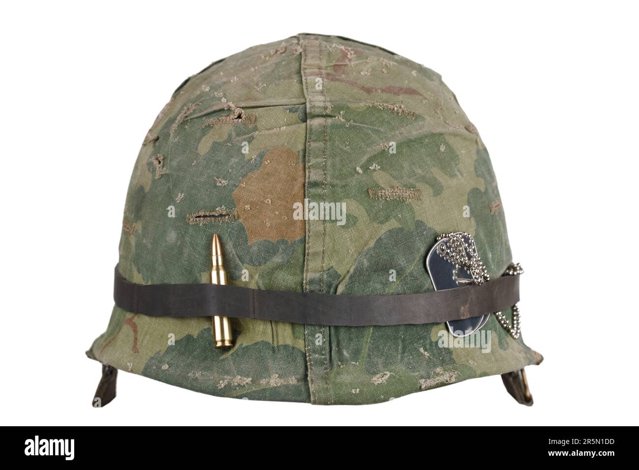 US Army battle helmet Vietnam war period with camouflage cover and dog ...