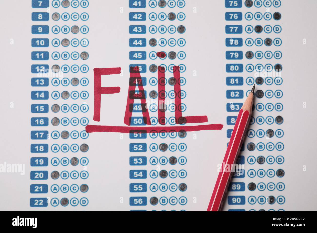 Word Fail written with red marker on answer sheet, flat lay. Student ...