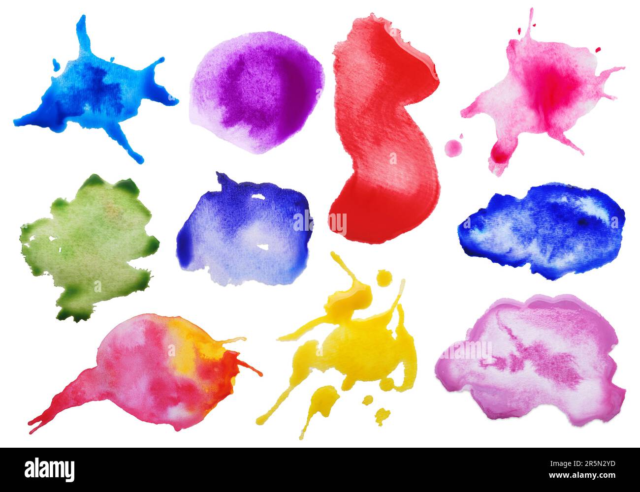 Set with colorful blots of ink on white background, top view Stock ...