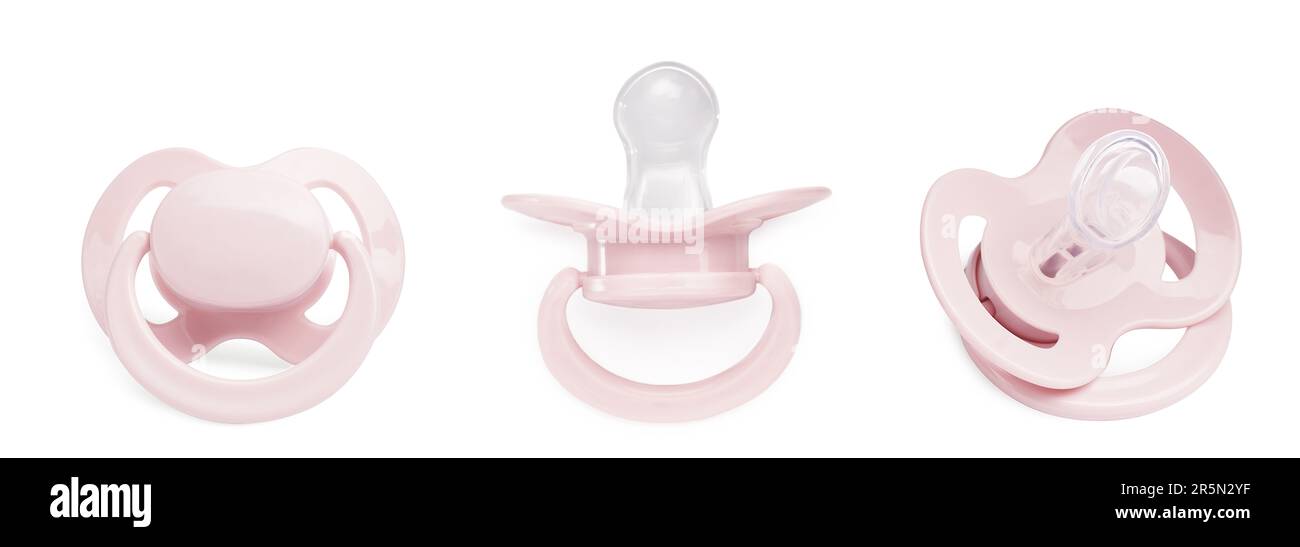 Collage of pale pink baby pacifier on white background, views from ...