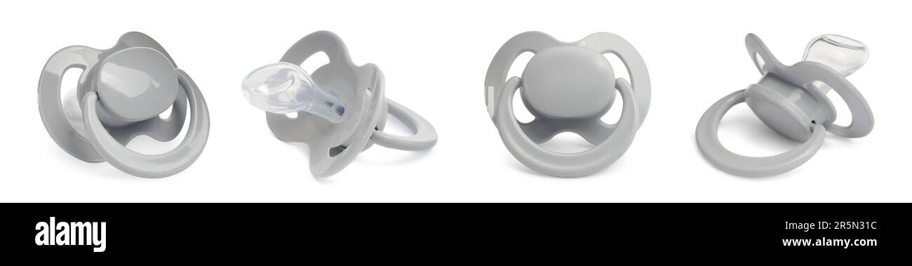 Collage of light grey baby pacifier on white background, views from ...