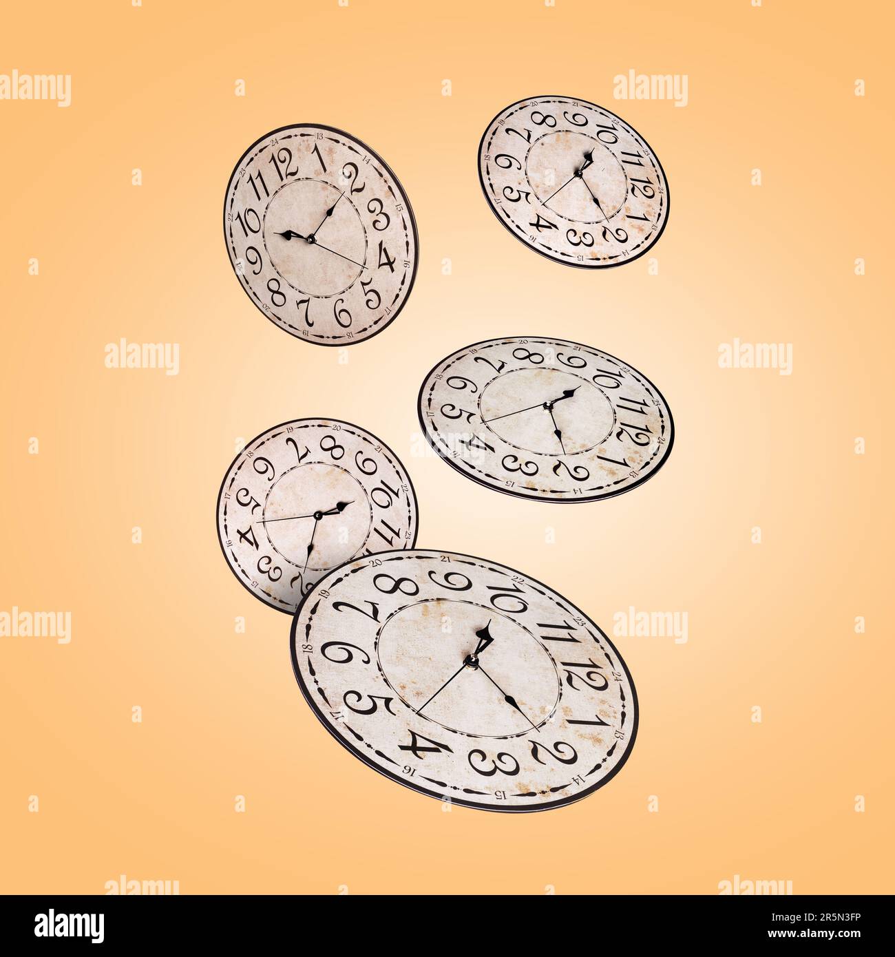 Many clocks falling on pale orange background Stock Photo - Alamy