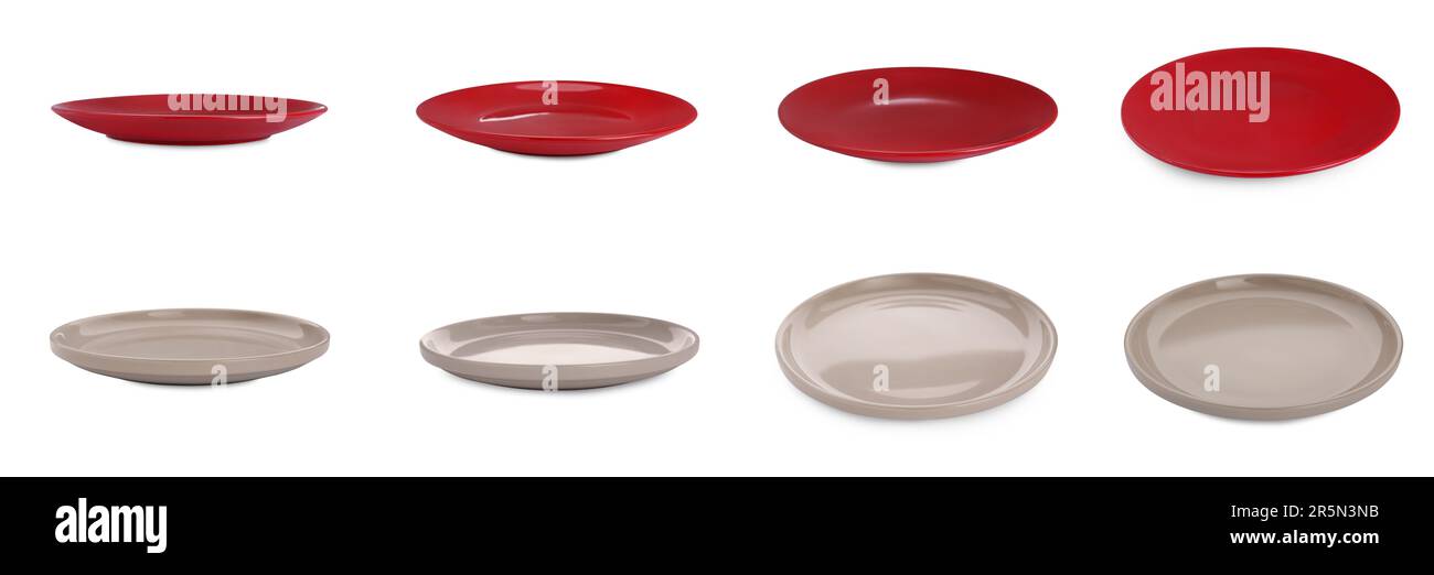 Set of ceramic plates in different colors on white background Stock ...