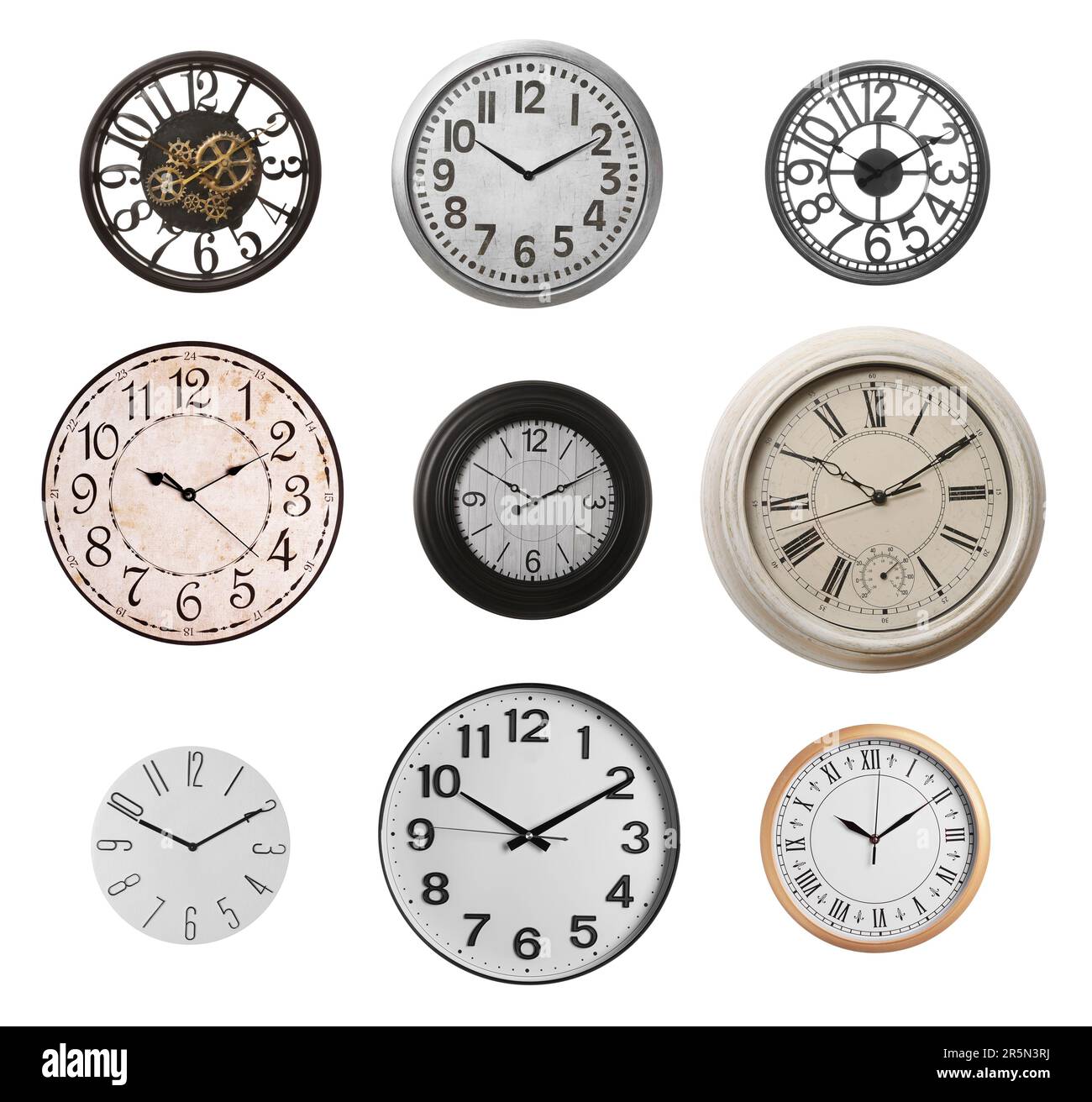 Set of modern and vintage clocks on white background Stock Photo - Alamy