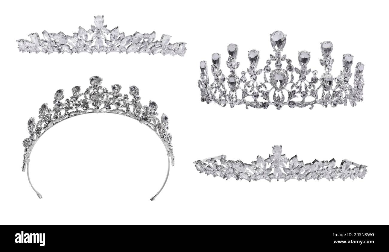 Collage of beautiful silver tiaras with diamonds on white background ...
