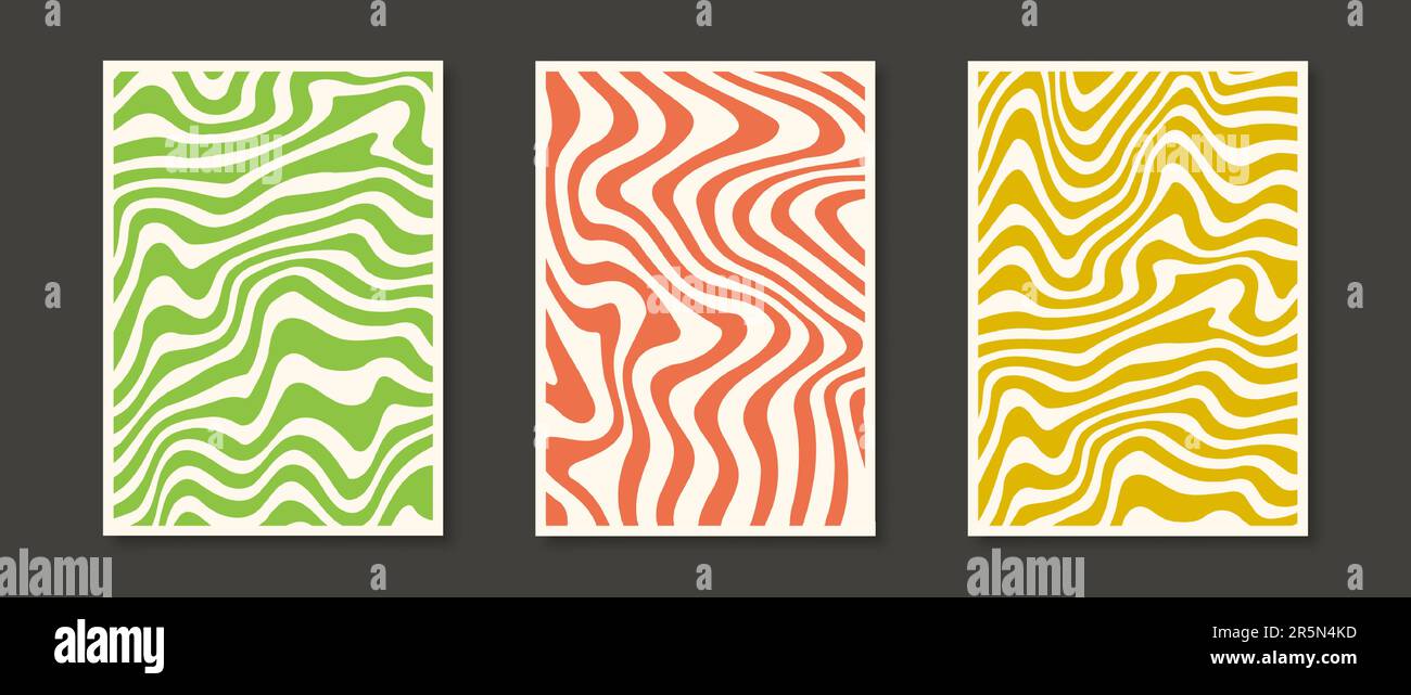 Retro wavy lines background set. Green, orange, yellow vintage ...