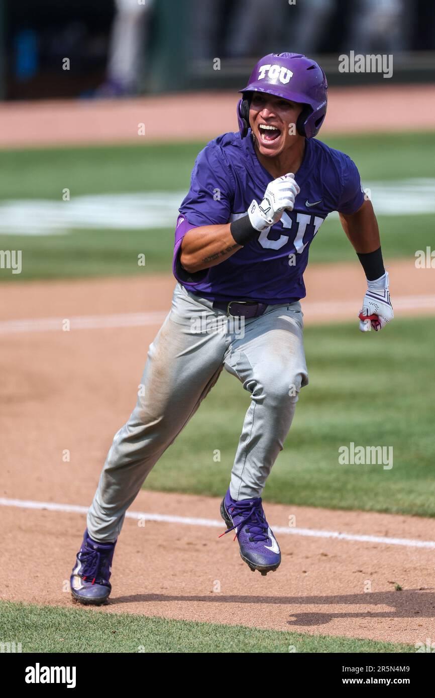 June 4, 2023: TCU base runner Elijah Nunez #1 reacts towards the dugout ...