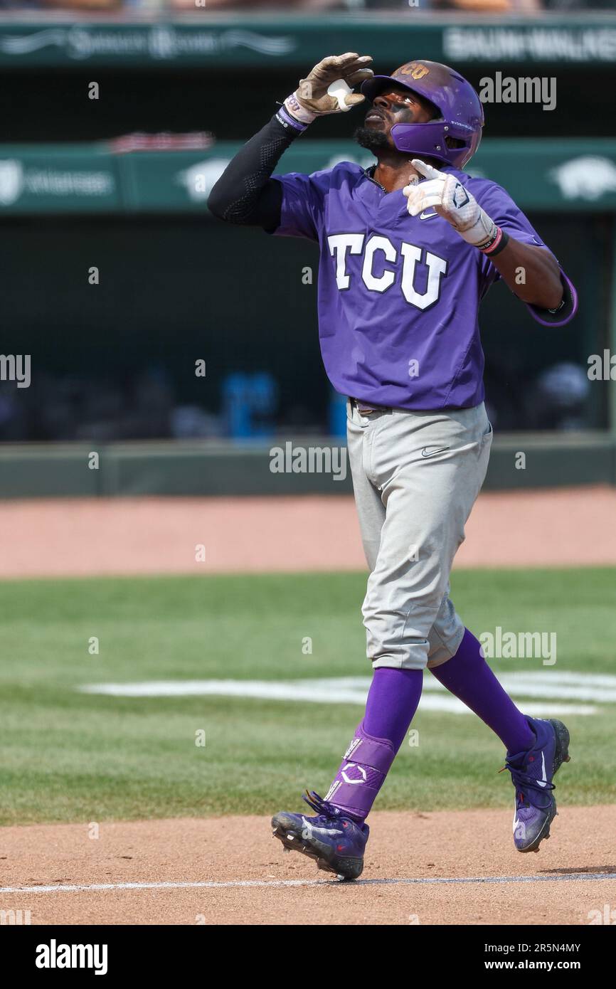 The Day. 4th June, 2023. Tre Richardson #0 of TCU motions to the sky ...