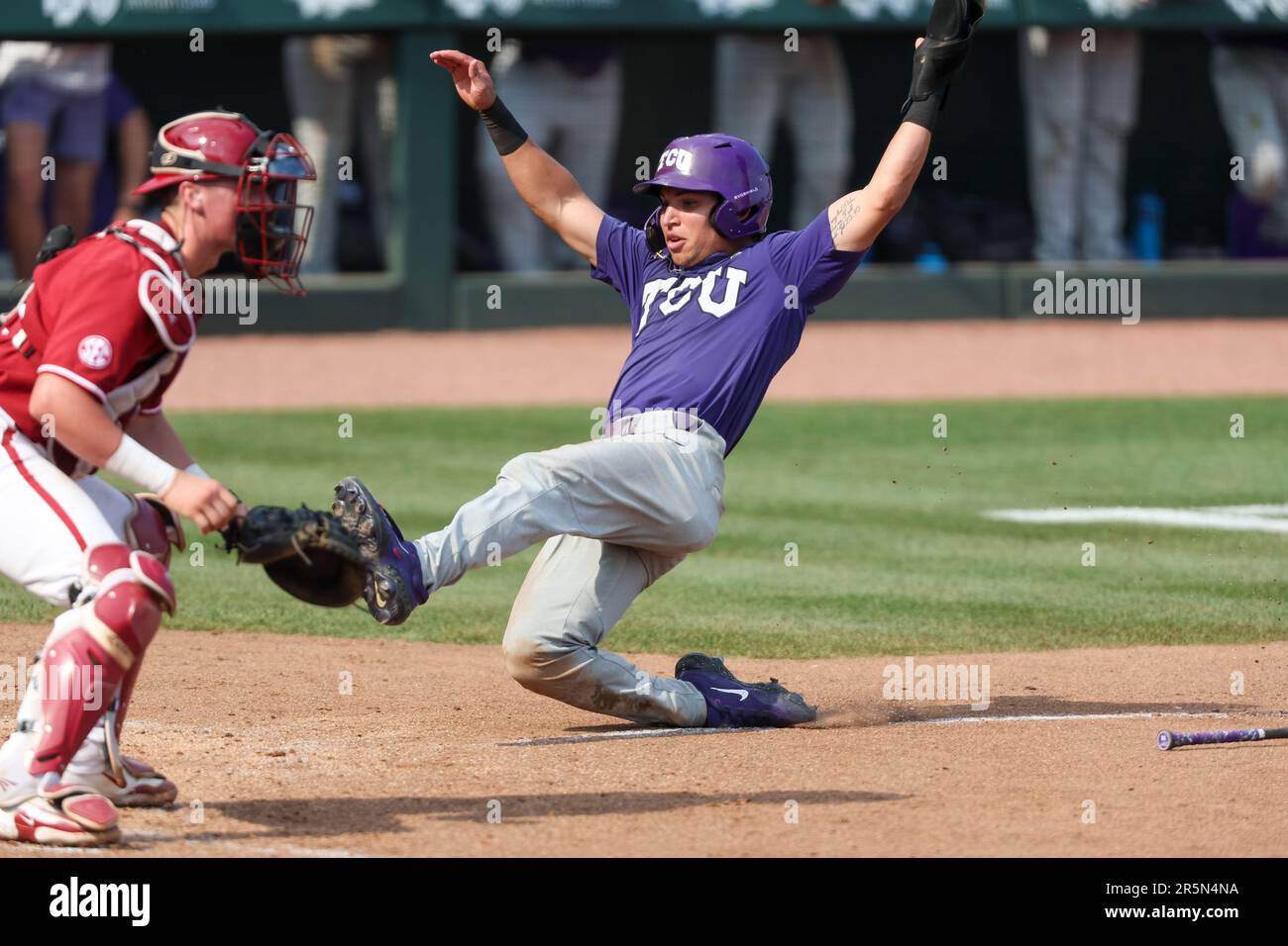 Slide Into Home Plate. 4th June, 2023. TCU baserunner Elijah Nunez #1 ...