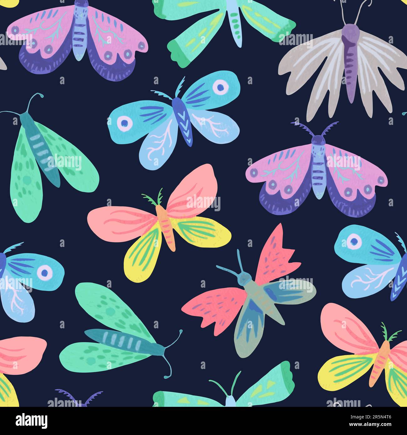 Seamless pattern with cute doodle simple butterflies and moths. Hand ...