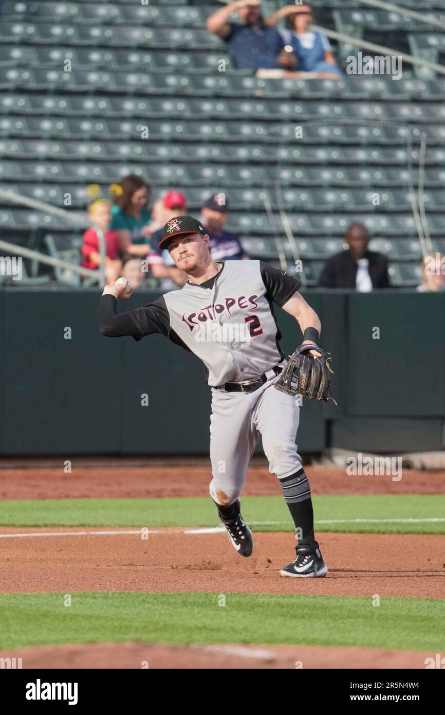 June 3 2023: Albuquerque third baseman Aaron Schunk (2) makes a play ...