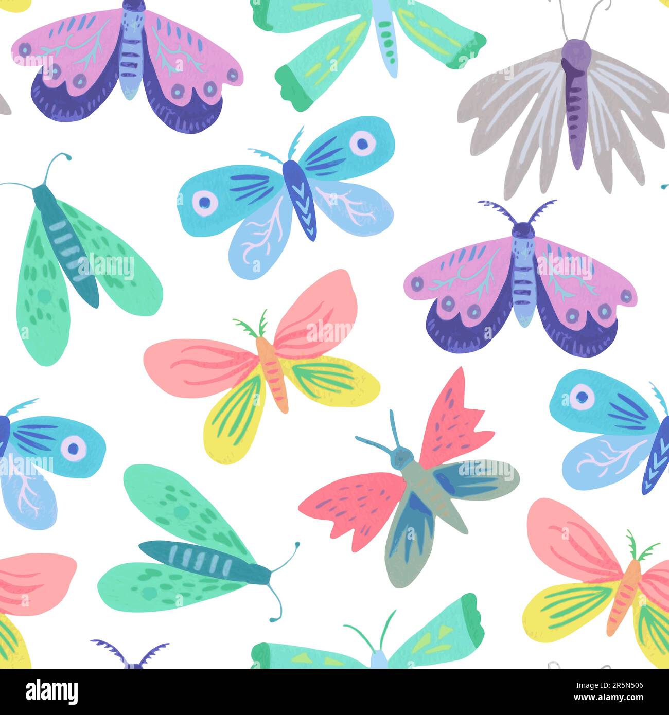 Seamless pattern with cute doodle simple butterflies and moths. Hand ...