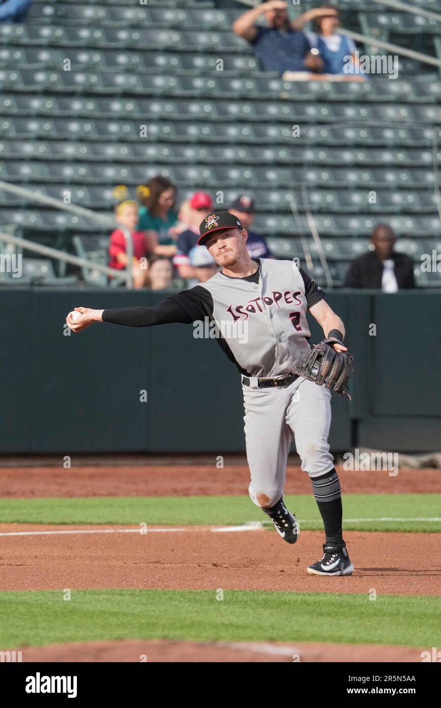 Salt Lake UT, USA. 3rd June, 2023. Albuquerque third baseman Aaron ...