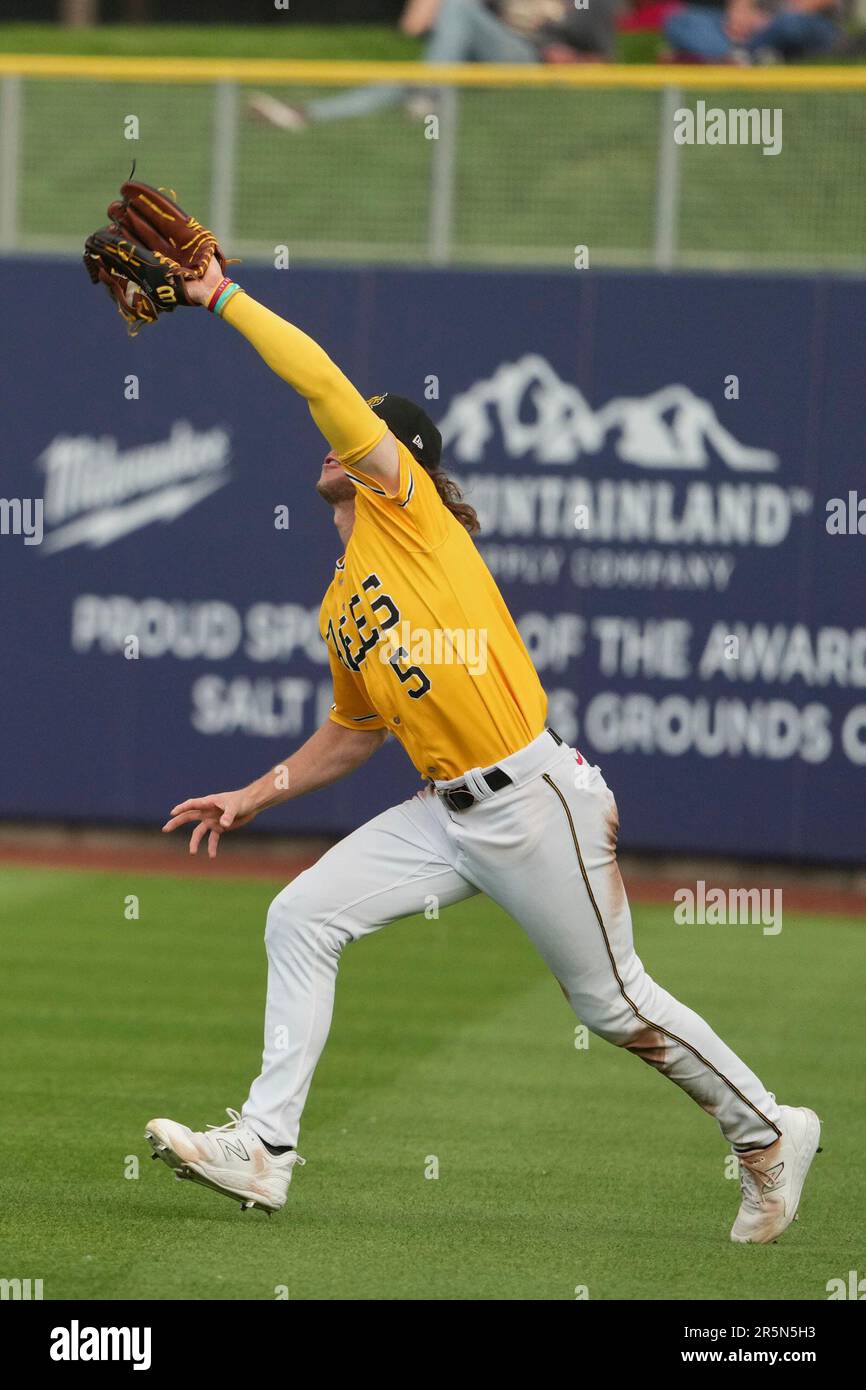 June 3 2023: Salt Lake right fielder Brett Phillips (5) makes a play ...