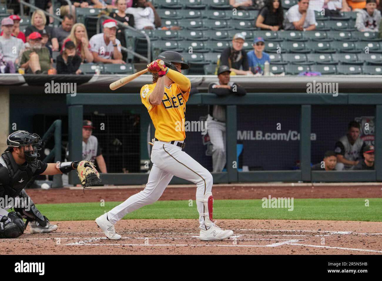 June 3 2023: Salt Lake right fielder Brett Phillips (5) gets hit during ...