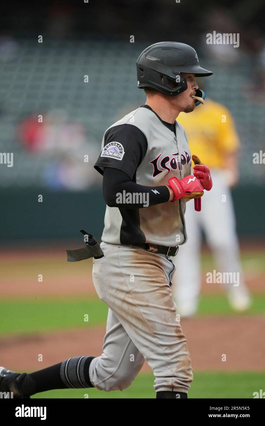 Salt Lake UT, USA. 3rd June, 2023. Albuquerque third baseman Aaron ...