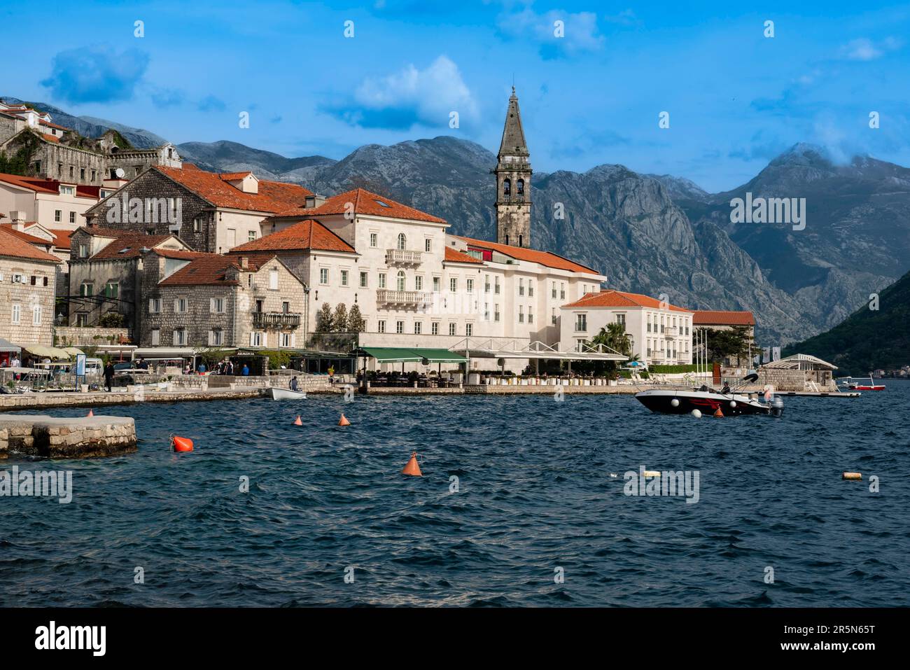 Harbour, old palaces, promenade, Perast, Bay of Kotor, Montenegro Stock ...