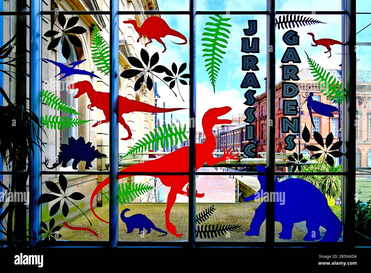 Jurassic Gardens dinosaur window decoration at the Winter Gardens ...