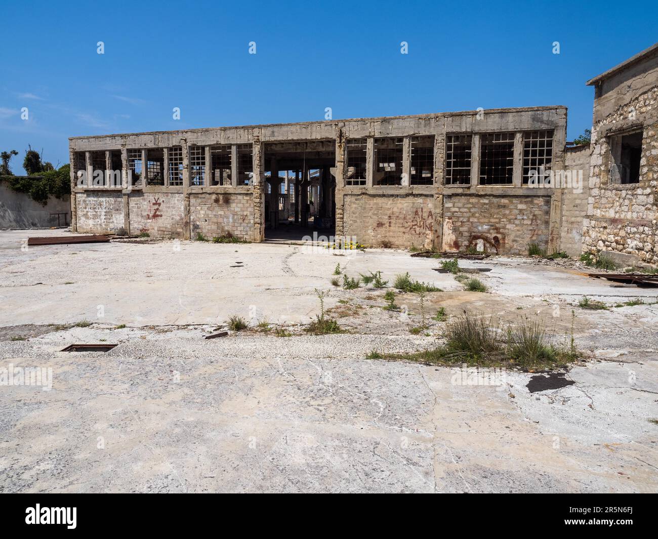 Dilapidated buildings, island of Goli Otok, Alcatraz of Croatia, site ...